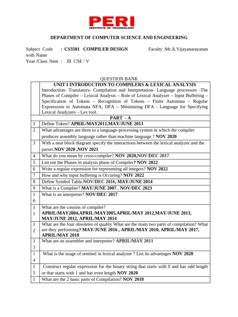 CS3501 CD QB Vijayanarayanan | PDF | Parsing | Compiler