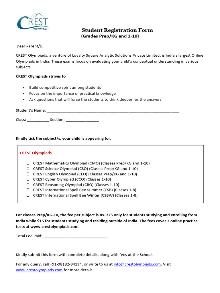 CREST Olympiads Student Registration Form | PDF