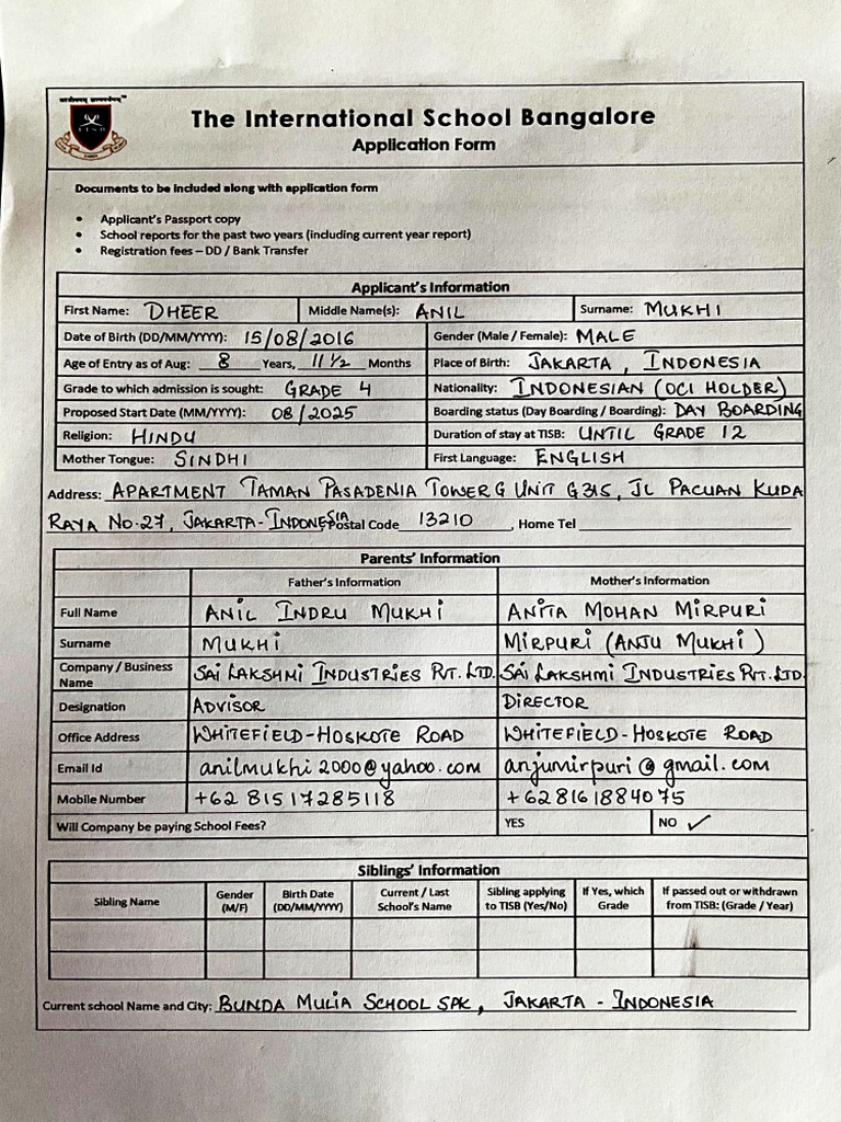 Application Form For TISB | PDF