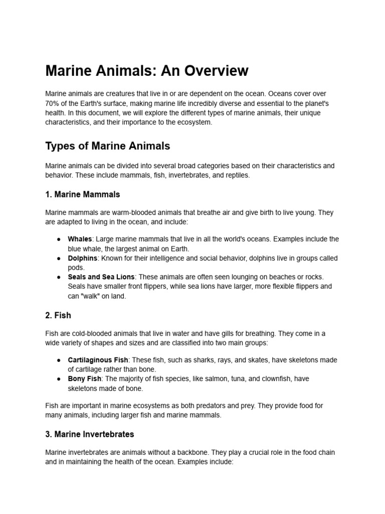 Marine Animals- school essay due- 30 January | PDF | Fish | Marine Mammals
