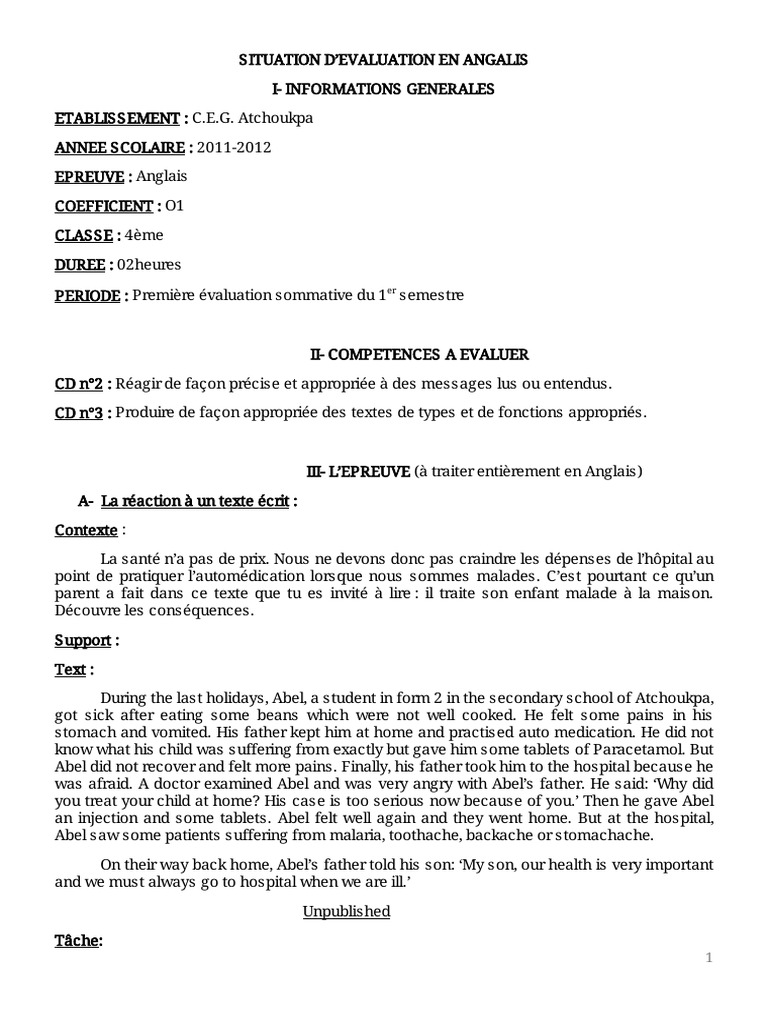 1er Devoir D'anglais 4è 2011-2012 | PDF