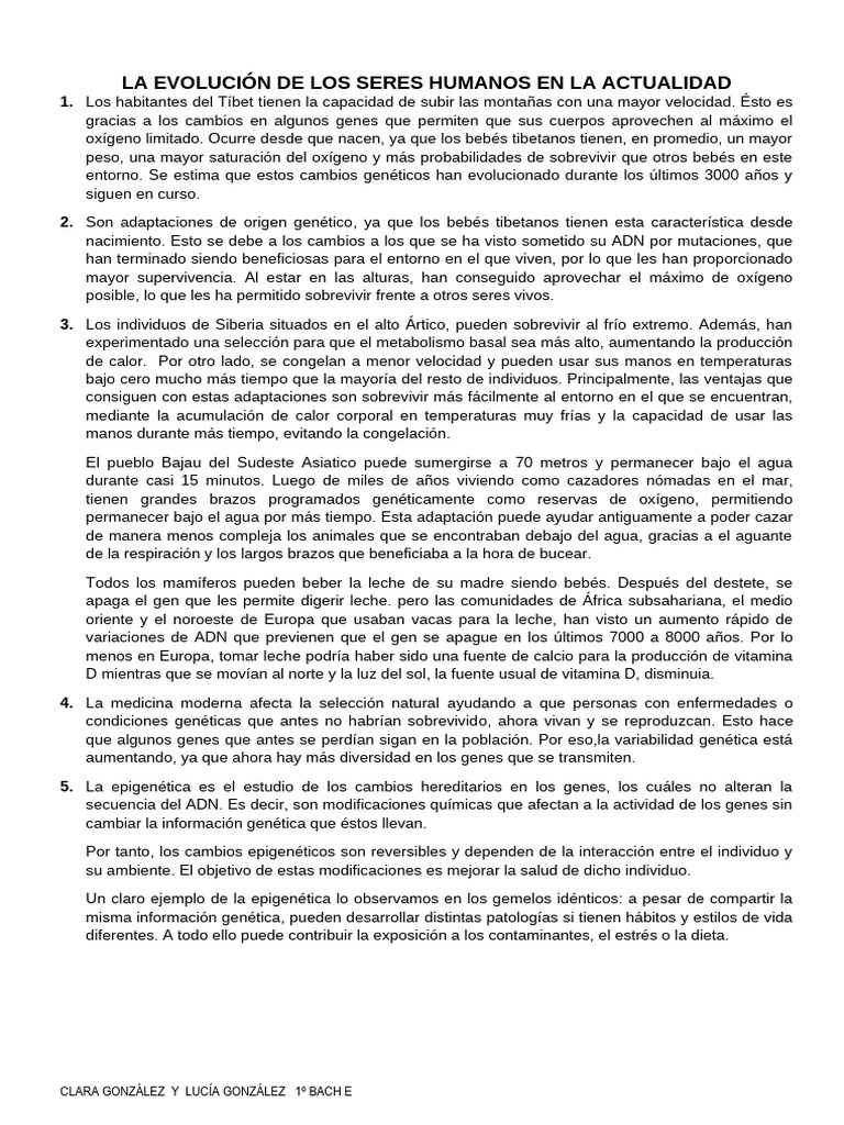 Trab. U6. Evol. Humana | PDF | Leche | Epigenética