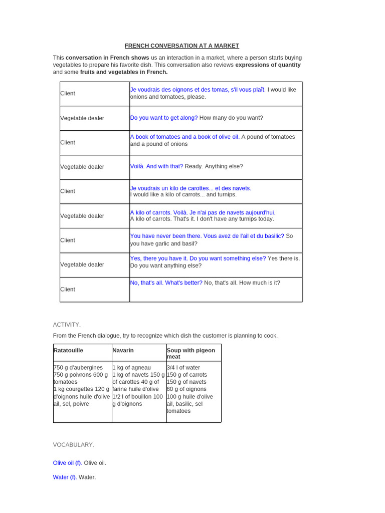 French Market Conversation Guide | PDF | Zucchini | Foods