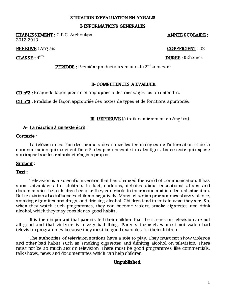 1er Devoir 4èmes 2nd Semestre 2013 | PDF