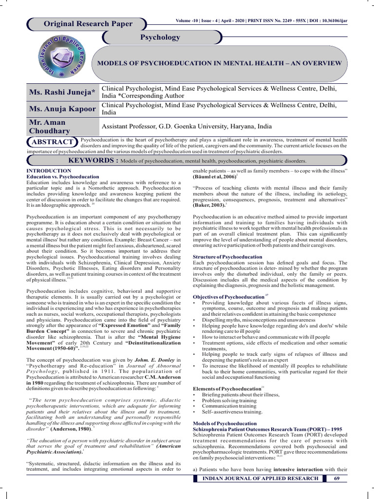 Models of Psychoeducation in Mental Health An Overview April 2020 ...