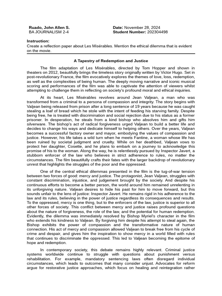 Les Miserables Reflection | PDF | Les Misérables | Justice