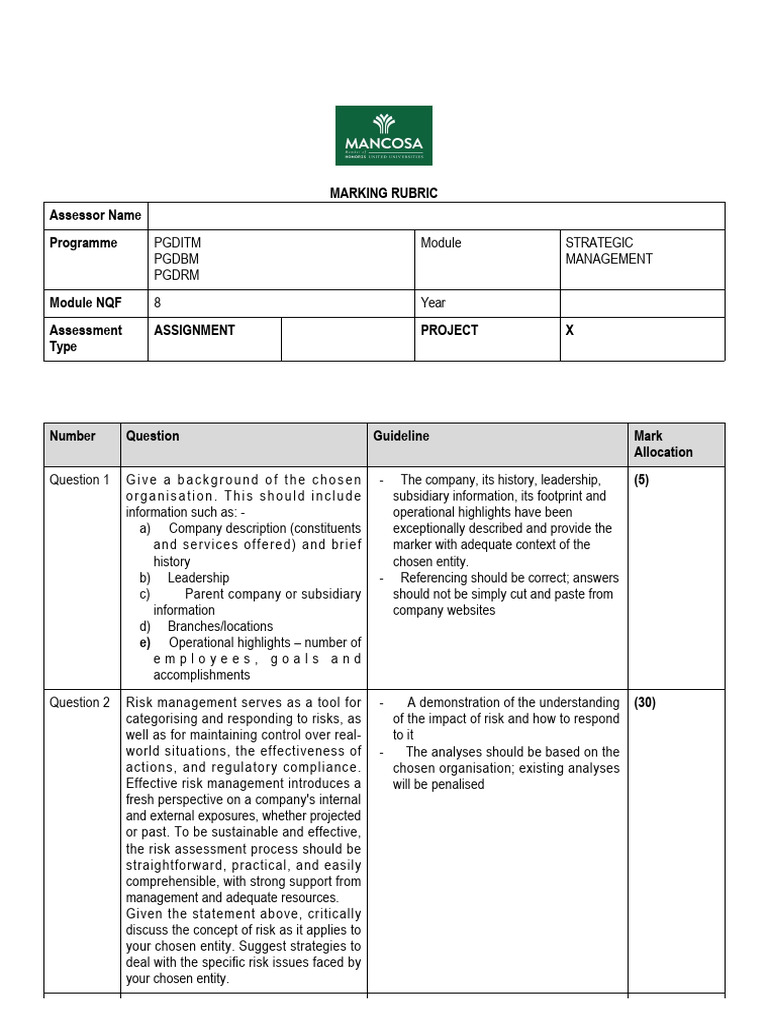 Rubric PROJ Jan24 PGDIT SMAN801 Final 20240703125118 | PDF | Strategic Planning | Thought