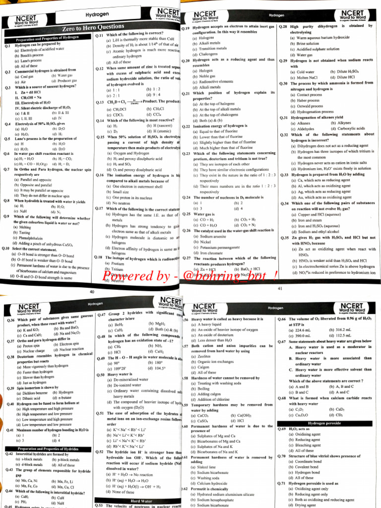 Inorganic Chemistry: Hydrogen Quiz | PDF | Hydrogen | Hydroxide