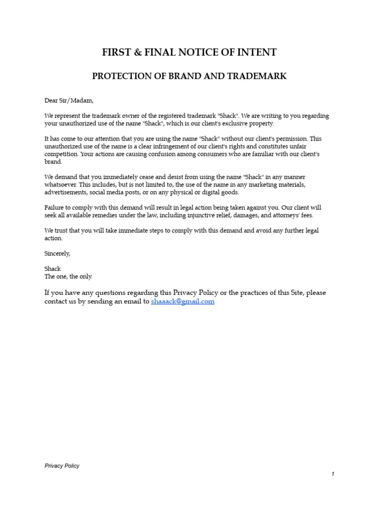 Trademark Infringement Notice: "Shack" | PDF