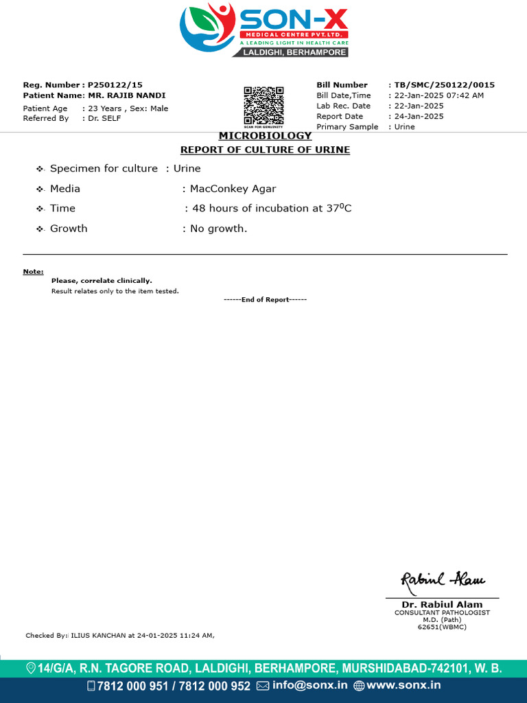 Urine Culture Report: No Growth Result | PDF