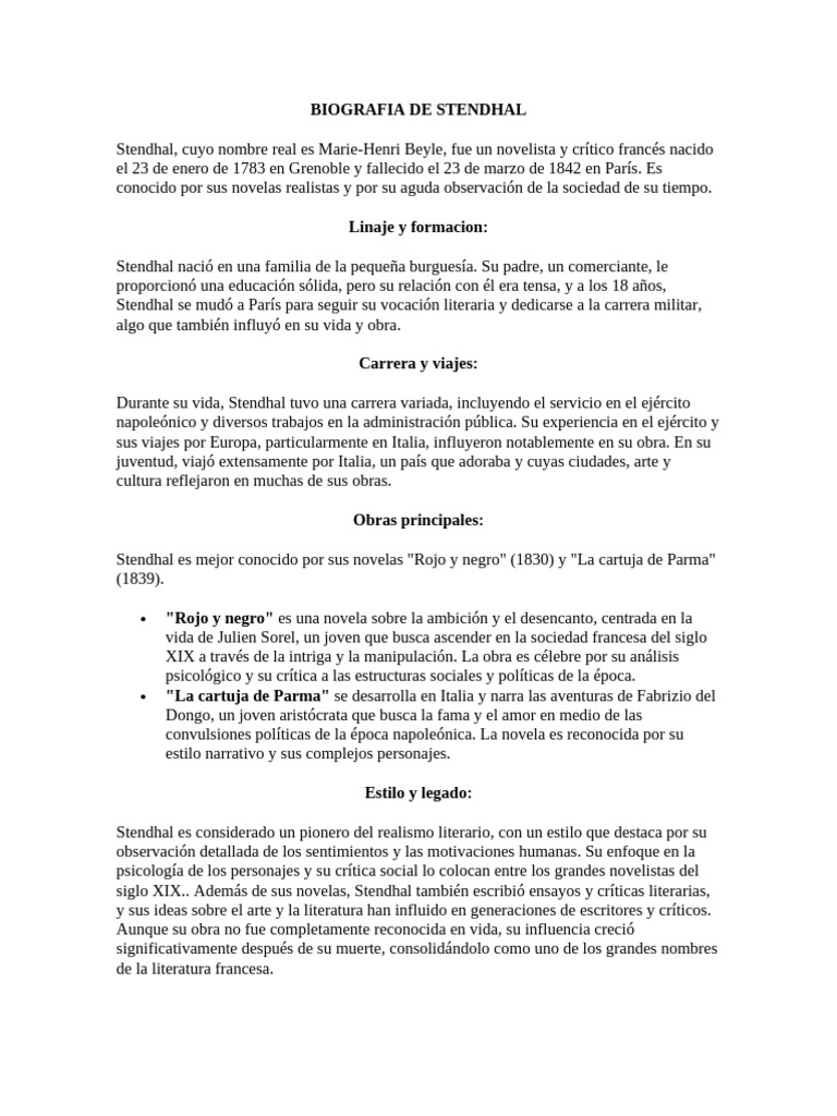 Stendhal: Vida y Obras Principales | PDF | Honoré De Balzac | Gustave Flaubert