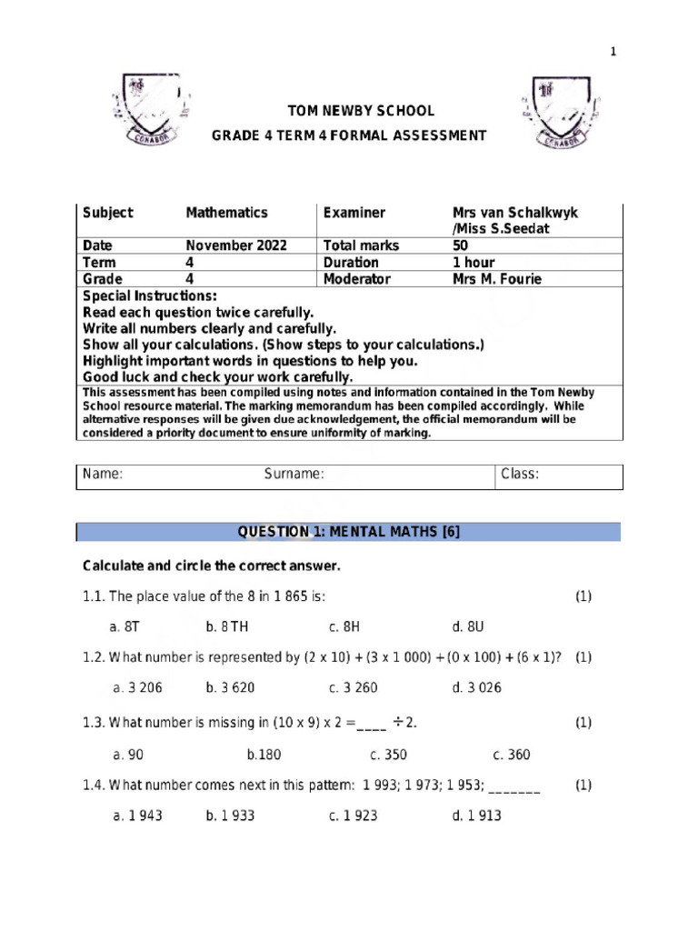 Grade 4 Mathematics Script November 2022 | PDF