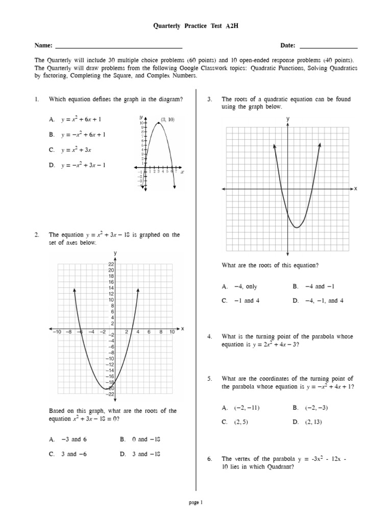 A2H Quarterly Practice Test: Quadratics | PDF | Mathematical Analysis ...