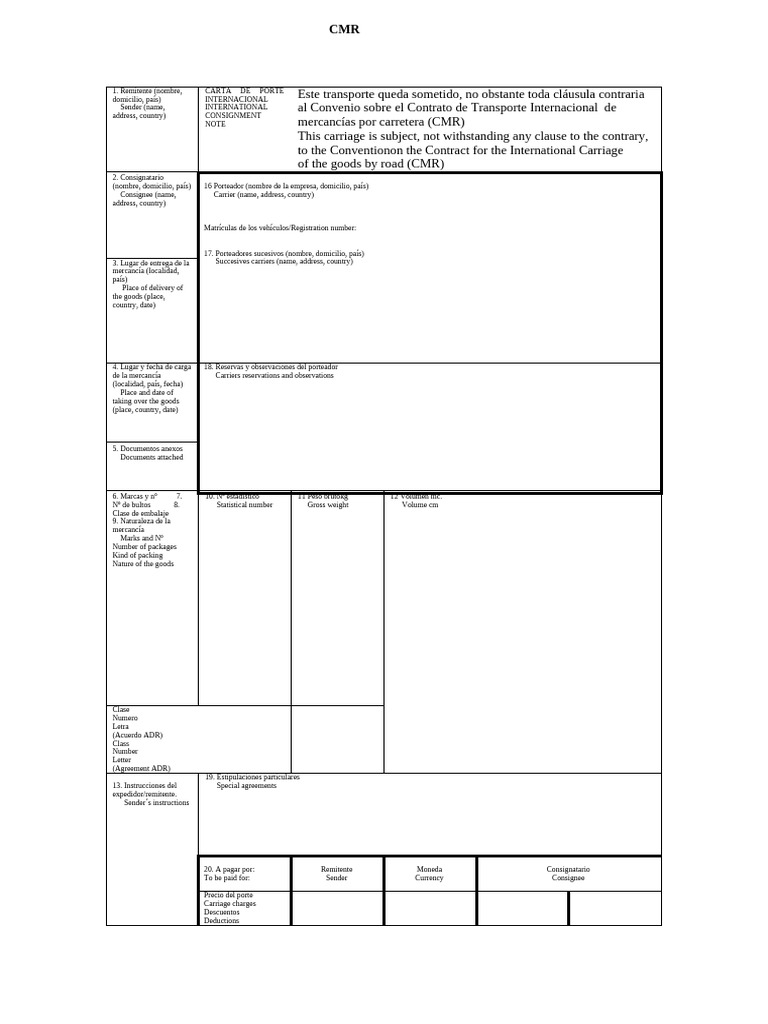 Modelo de Carta de Porte CMR | PDF