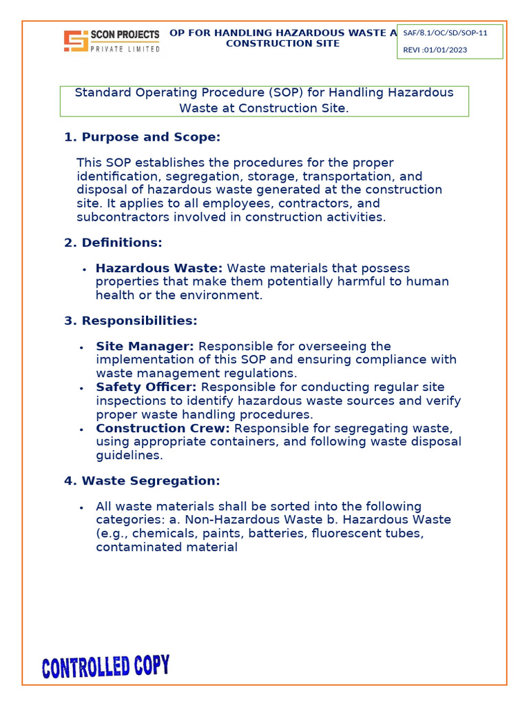 SOP Handling Hazardous Waste at Construction Site | PDF | Hazardous ...