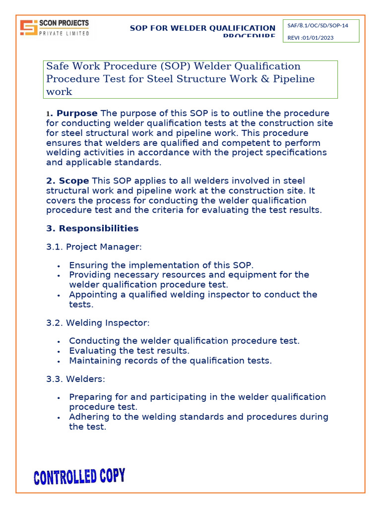 SOP For WELDER QUALIFICATION PROCEDURE | PDF | Welding | Construction
