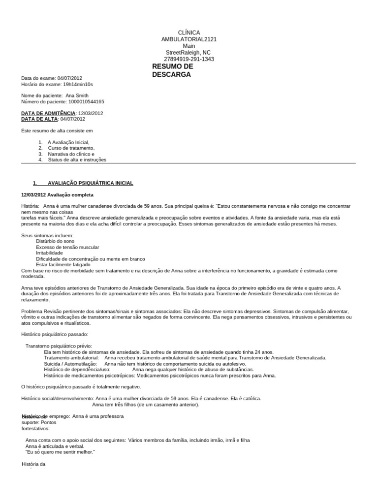 Resumo de Alta do Paciente | PDF | Ansiedade | Psiquiatria