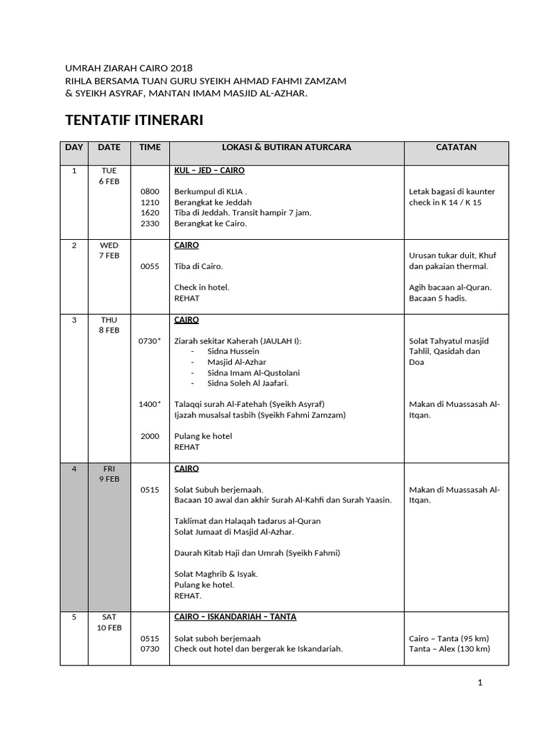 Itinerari Tentatif Rihla Ziarah Dan Umrah Revised | PDF