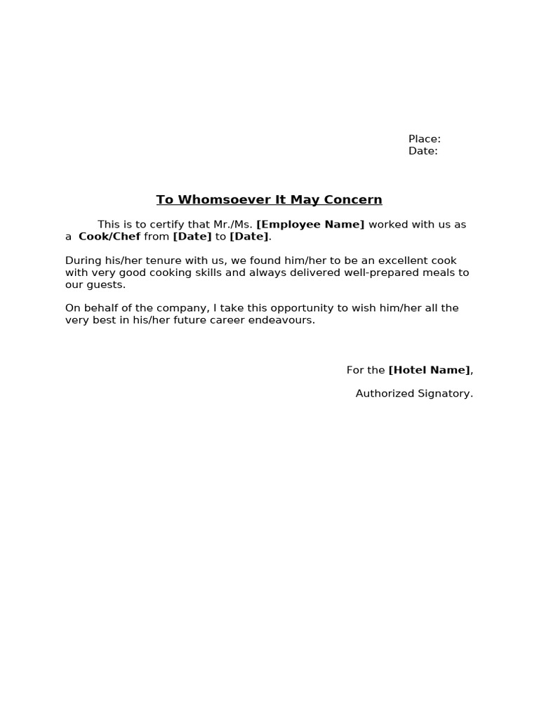 Hotel Cook Experience Certificate | PDF