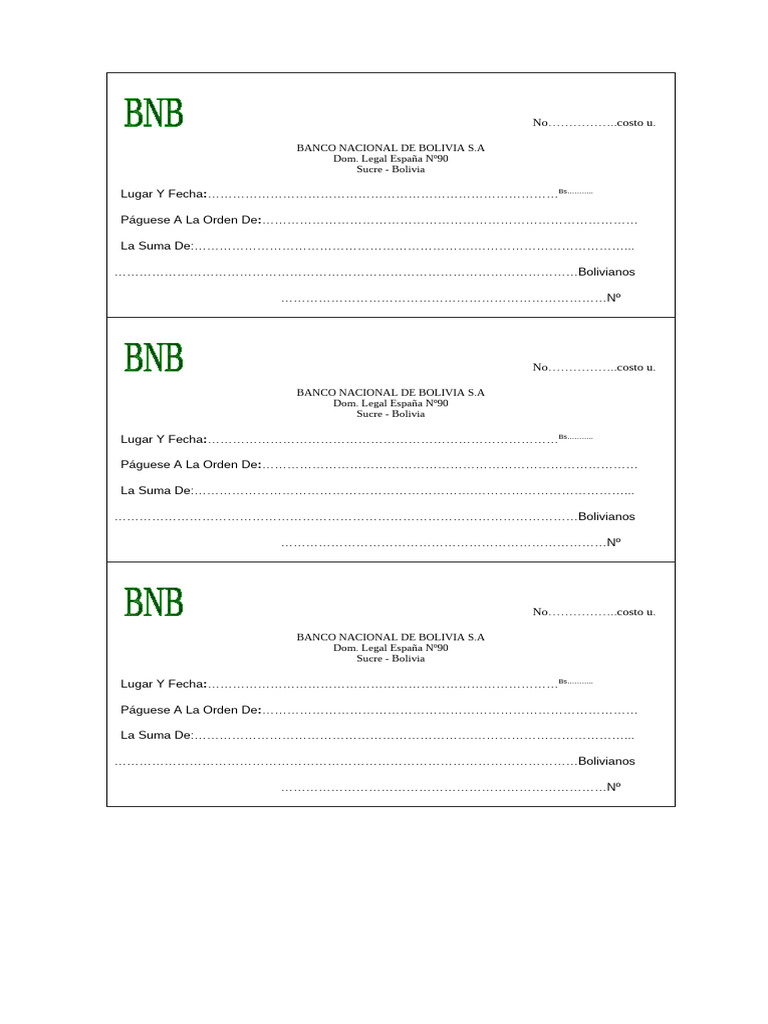 Cheques Banco Nacional Bolivia | PDF