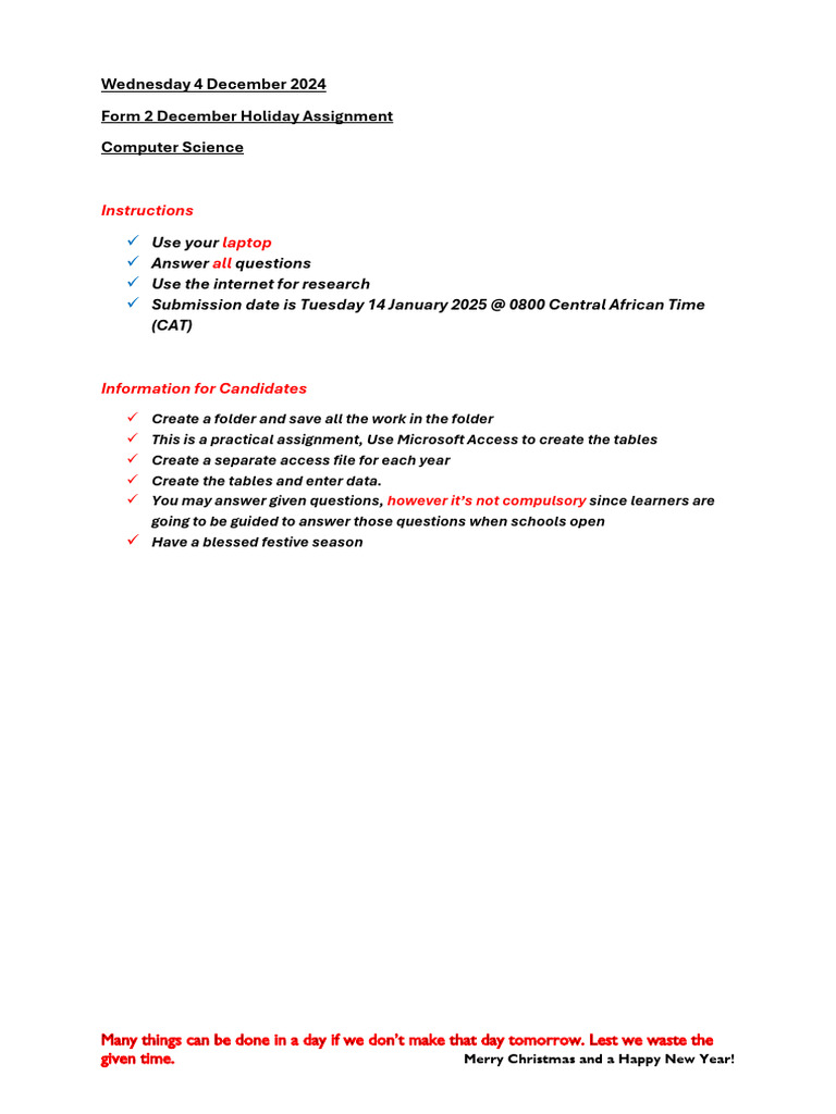Holiday Computer Science Assignment 2024 | PDF