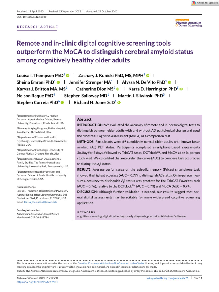 Alz Dem Diag Ass Dis Mo - 2023 - Thompson - Remote and in‐Clinic Digital Cognitive Screening ...
