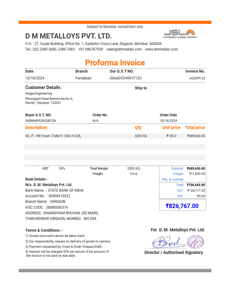 Singla Engineering - 10 - 18 - 2024 - 2425 - PI 23 | PDF | Invoice