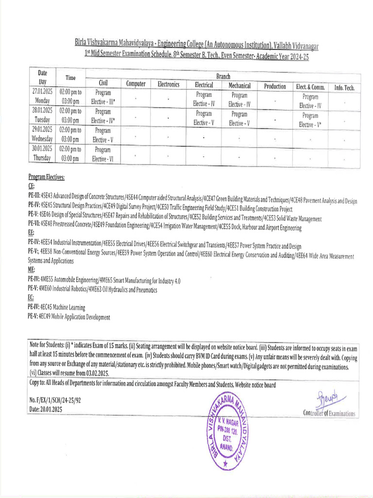 2_1st Mid Sem Exam Schedule 8th Sem. B.Tech. AY24-25 | PDF