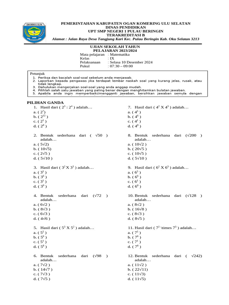 Uas MTK Kelas 9 | PDF