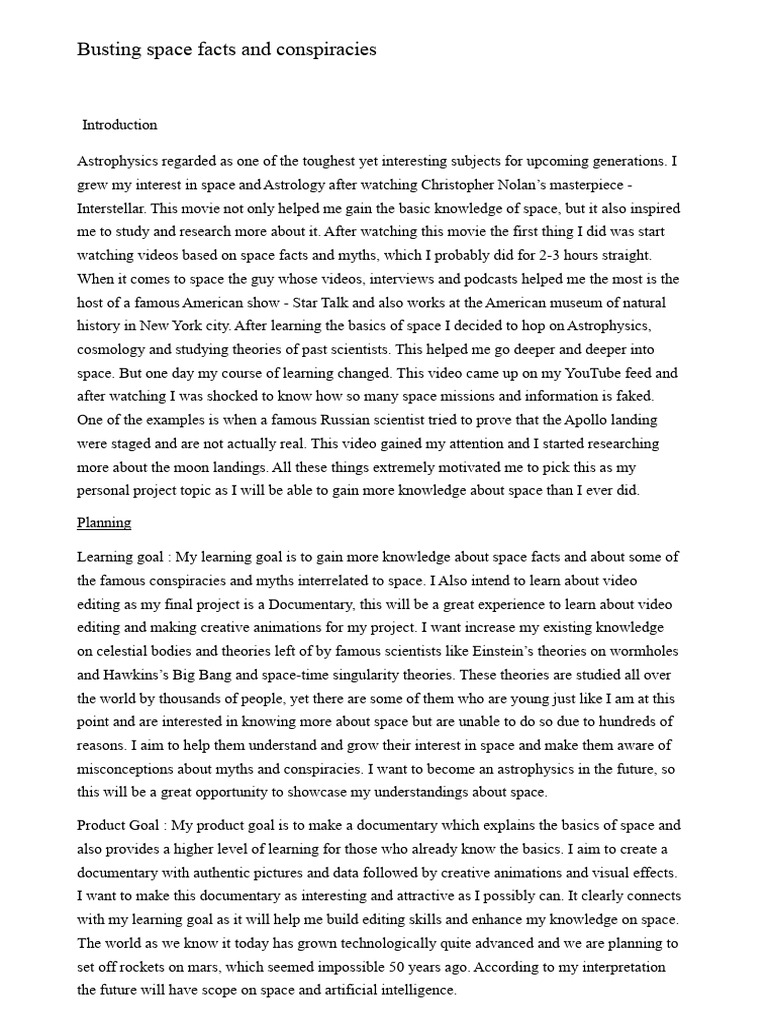 Personal Project Final Report | PDF | Knowledge | Space