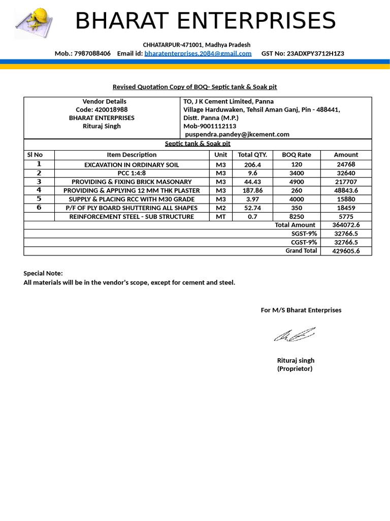 Revised Quotation Copy of BOQ - Septic Tank & Soak Pit | PDF | Building ...