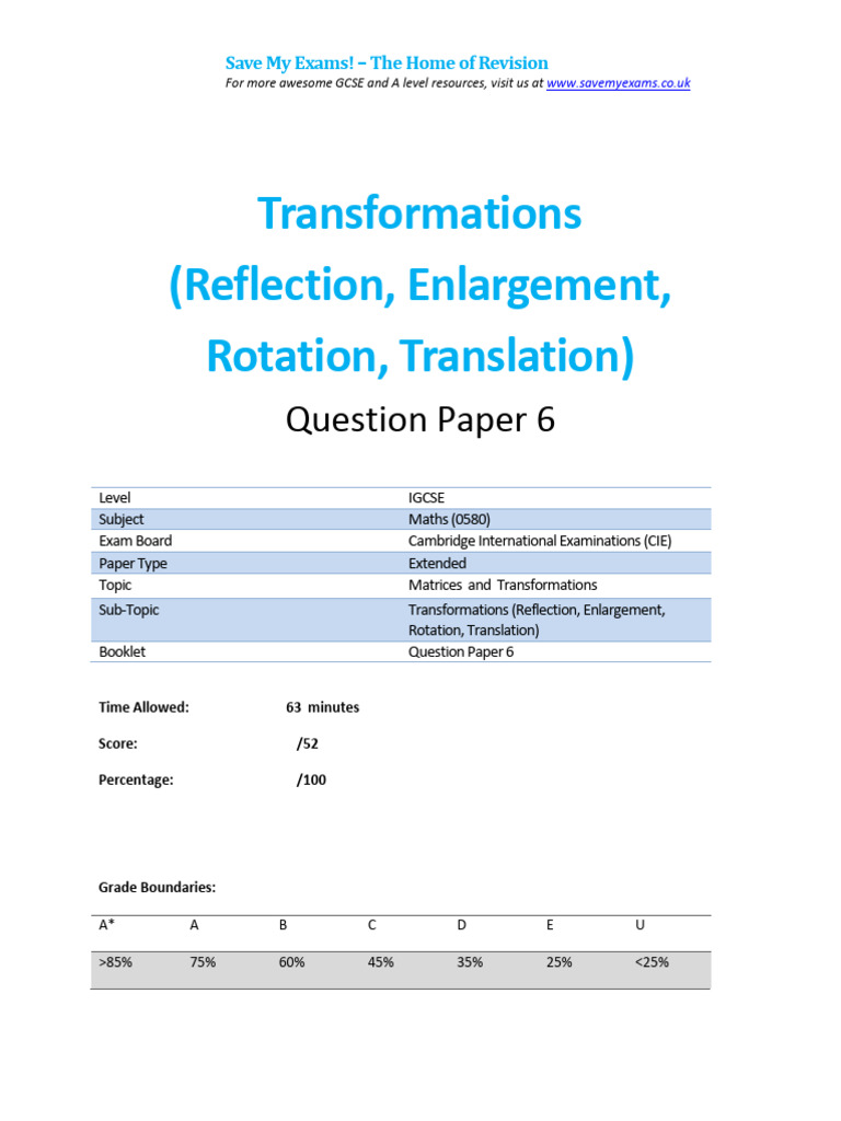 72 6 Transformations Cie Igcse Maths 0580 Ext Theory Qp Updated Pdf Vocational Education