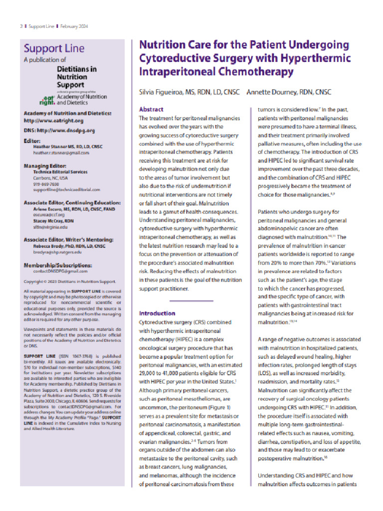Nutrition Care For The Patient Undergoing Cytoreductive Surgery With ...
