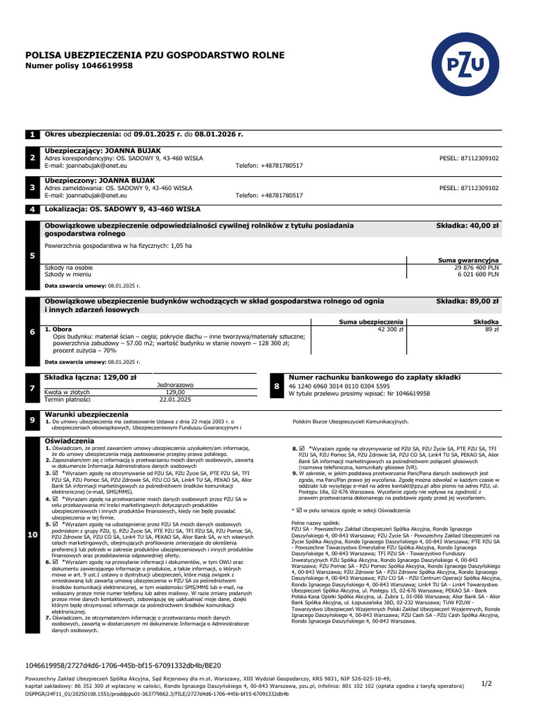 Polisa Ubezpieczenia Pzu Gospodarstwo Rolne: Numer Polisy 1046619958 | PDF