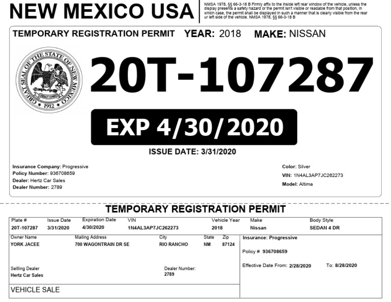 New Mexico Temporary Vehicle Registration | PDF | Vehicle Technology ...