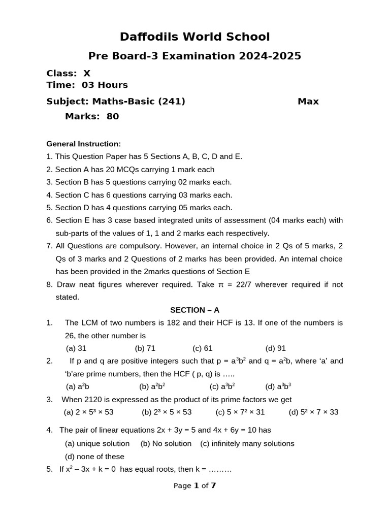 Class-X Maths (Basic - 241) QP | PDF | Sphere | Circle