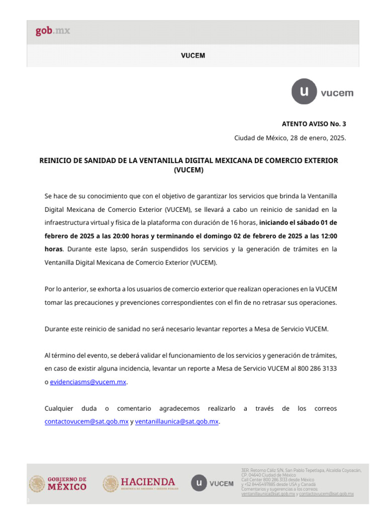 ATENTO AVISO 3-Reinicio de Sanidad VUCEM Feb 2025 | PDF
