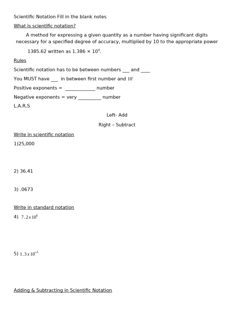 6.5 Scientific Notation Fill in Blank Notes | PDF