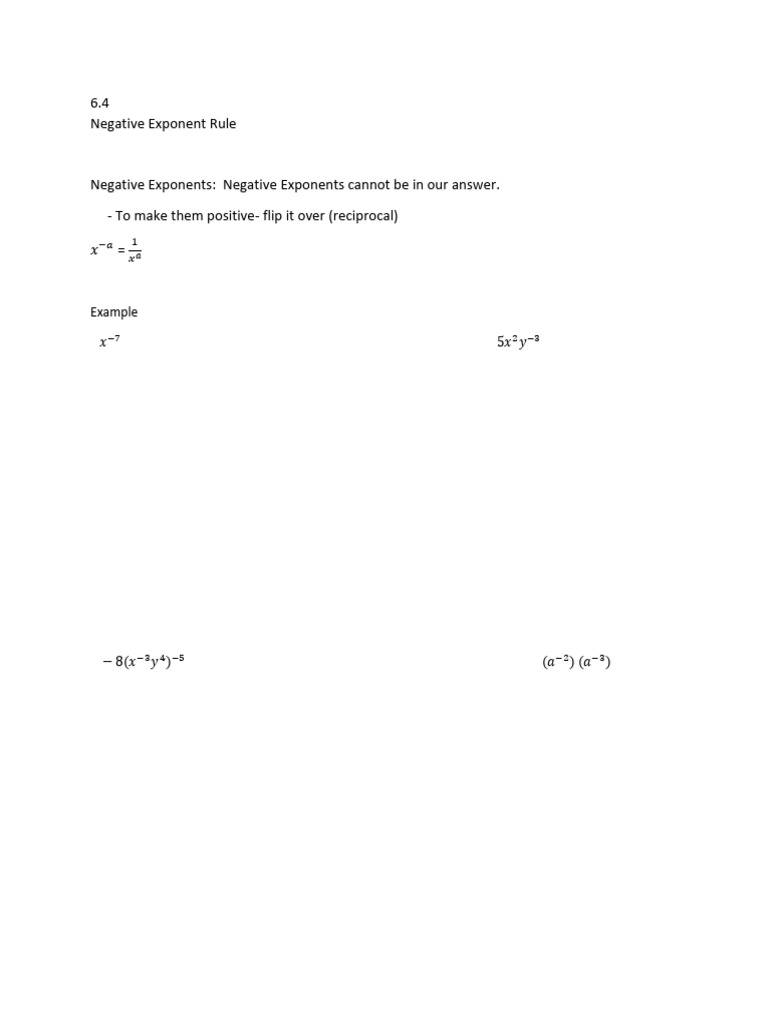 6.4 Negative Exponents - Fill in Blank Notes | PDF
