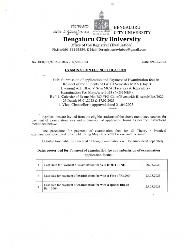 Revised M.B.a 1st & 3rd & M.C.a 1st, 3rd & 5th Semester Exam Fees Notification | PDF