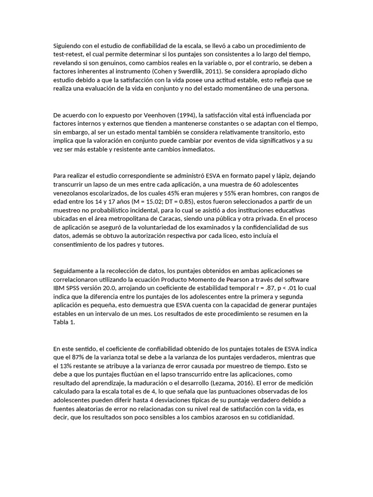 Confiabilidad de la escala ESVA en adolescentes | PDF