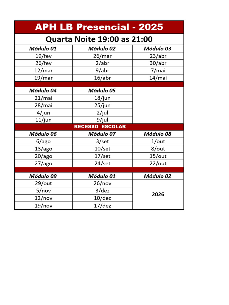 Cronograma 2025 - APH - LB Qua. 19hs-21hs | PDF