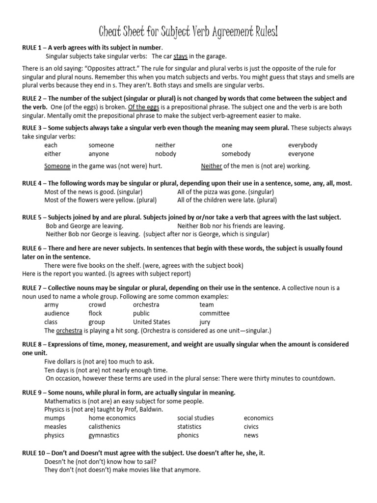 Cheat Sheet For Subject Verb Agreement Rules | PDF | Grammatical Number ...