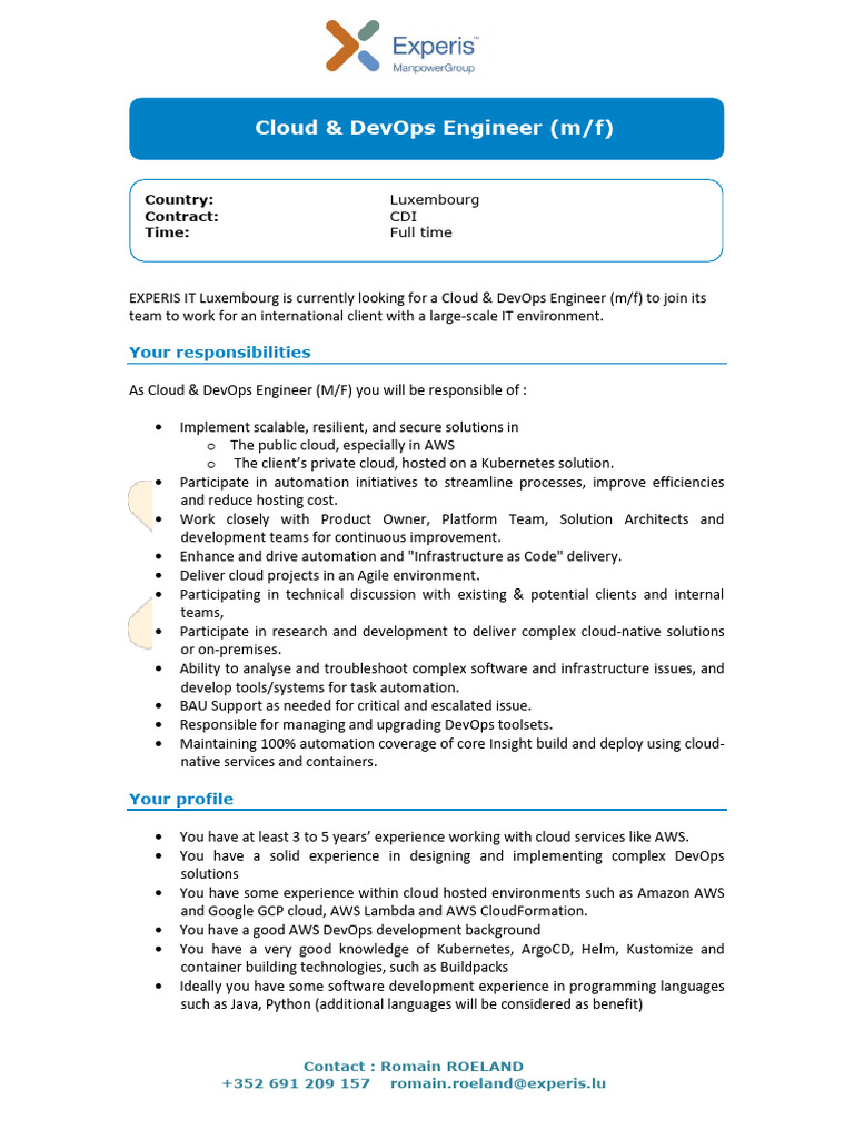 EXPERIS - Cloud & DevOps Engineer - 062024 - JD | PDF | Cloud Computing | Amazon Web Services