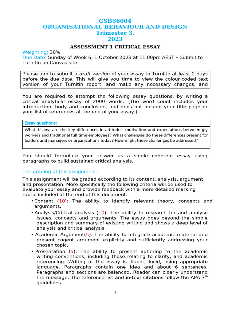 Assessment 1 Critical Essay Topic, Guideline and Marking Rubric T3 2023 ...