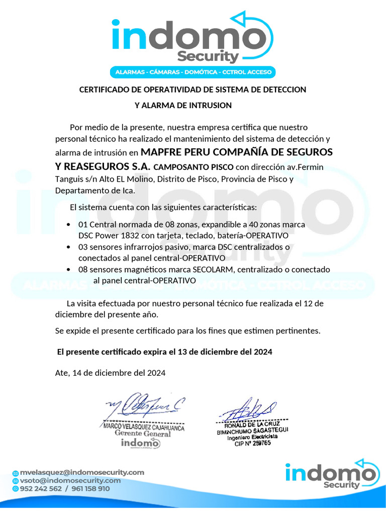 Certificado Mapfre Intrusion Ag Camposanto Pisco | PDF
