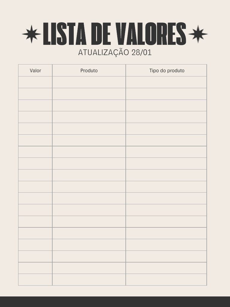Documento A4 Lista de Valores Tabela Moderno Preto e Branco | PDF