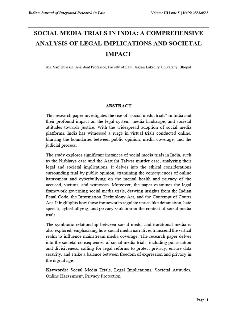 Social Media Trials in India: Legal Impact | PDF | Privacy | Defamation