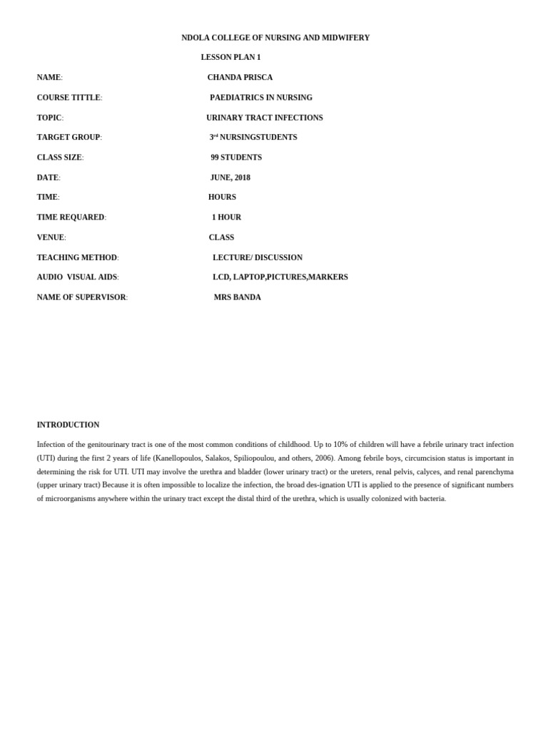 Lesson Plan For Urinary Tract Infection - New | PDF | Urinary Tract ...