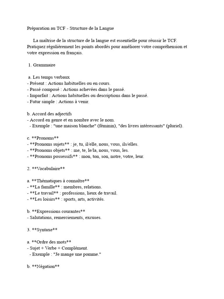 Préparation TCF : Structure de la Langue | PDF | Nombre grammatical | Genre grammatical